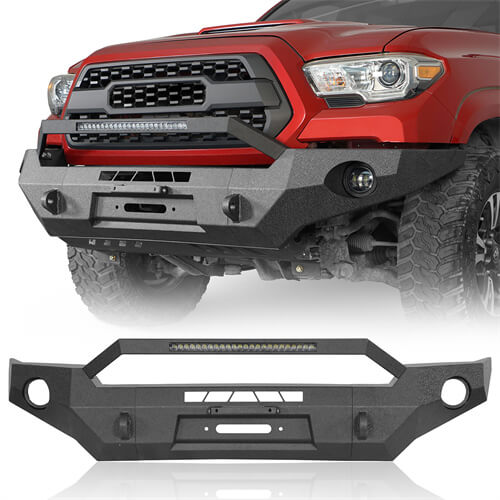 Hooke Road Full Width Front Bumper w LED Light Bar Winch Plate Compatible with 2016 2023 Toyota Tacoma Hooke Road 4x4