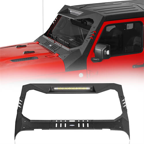 Madmax Windshield Frame Cover Visor Cowl w Light Bar For 2018 2025 Jeep Wrangler JL Gladiator JT Excluding Mojave Hooke Road